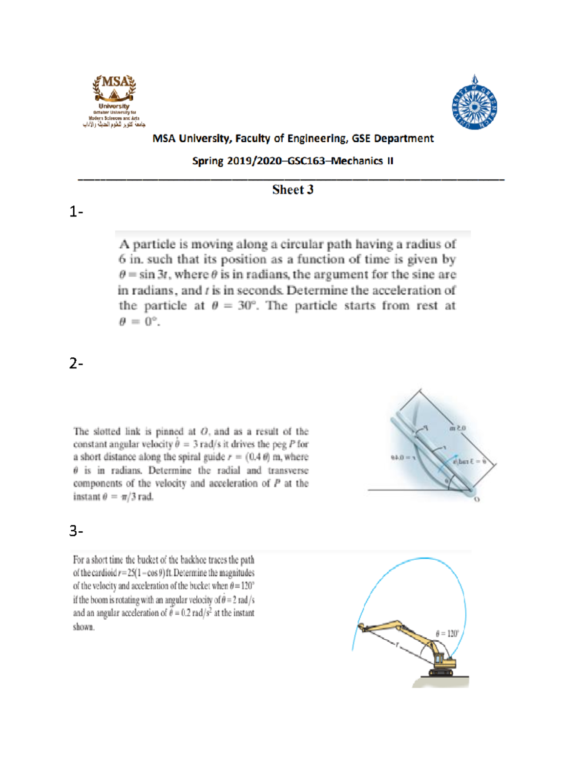 Sheet 3-GSE163 Spring 2020-2019 - Engineering Mechanics II - 1- 2- 3- 4- 5- - Studocu