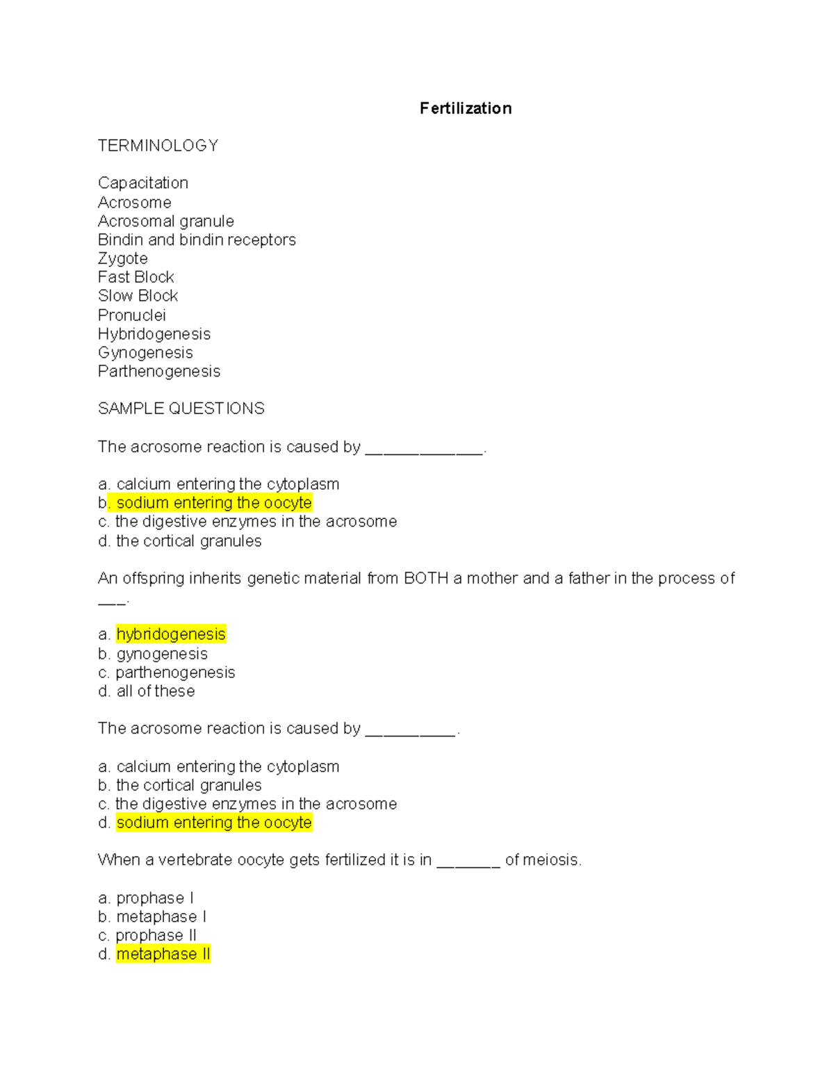 Fertilization - Exam 1 Questions and answers - Fertilization ...