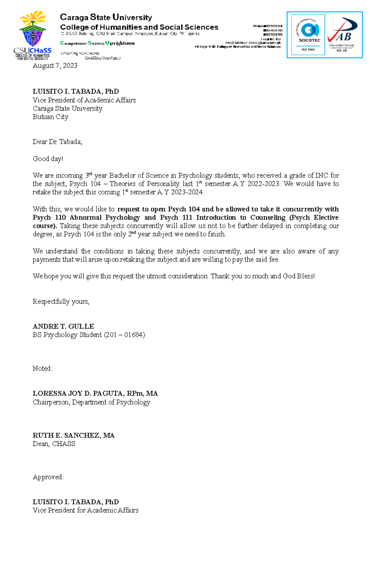 Request Letter for Concurrent - August 7, 2023 LUISITO I. TABADA, PhD ...