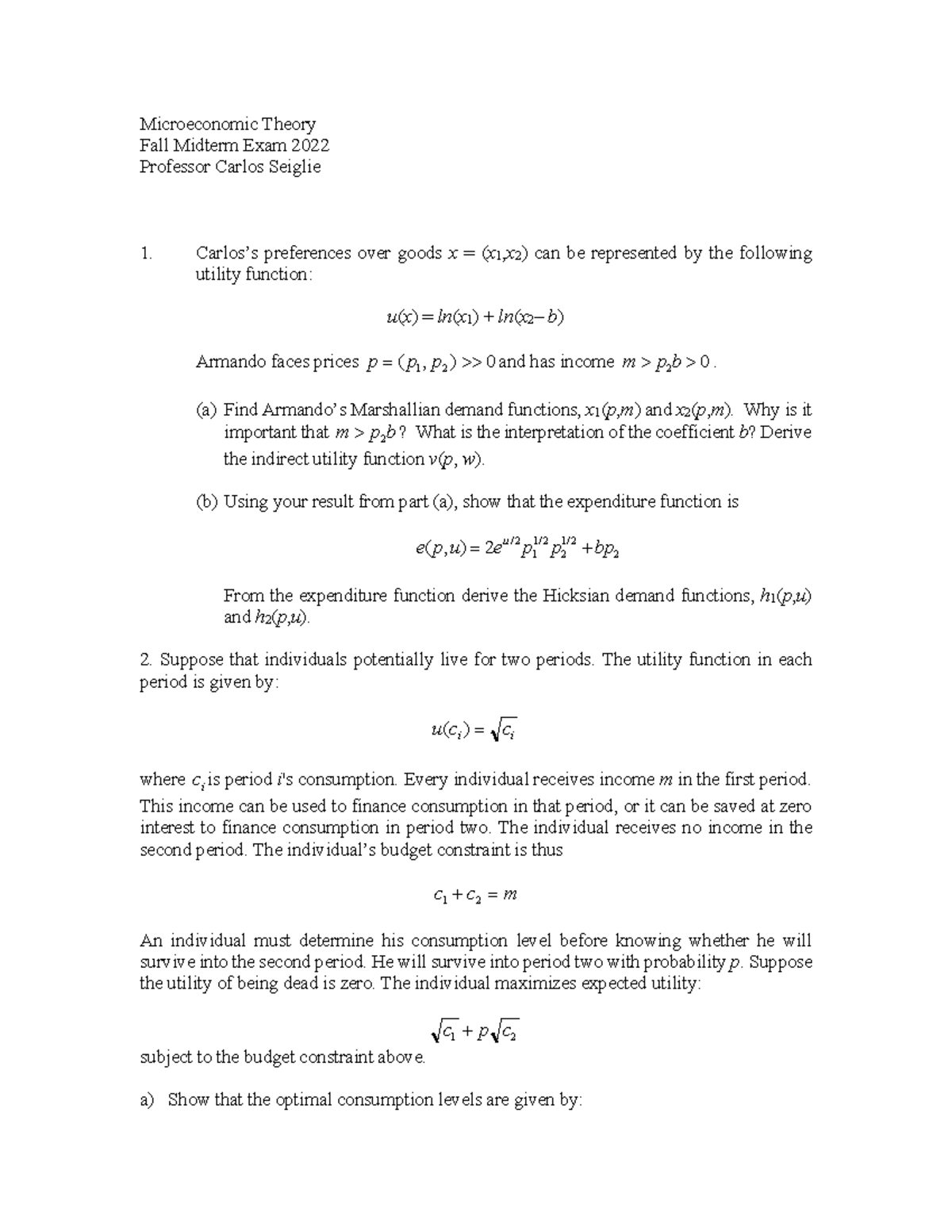 Microeconomic Theory Take home Midterm 2023 - Microeconomic Theory Fall ...
