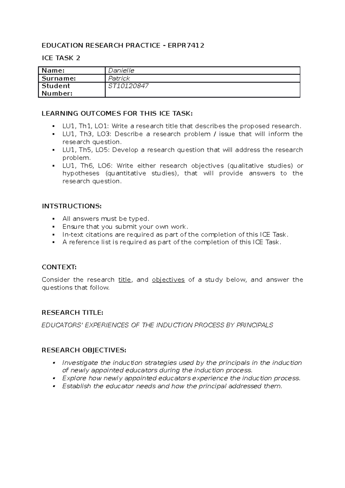 ICE task 2 - Ice task 2 - EDUCATION RESEARCH PRACTICE - ERPR ICE TASK 2 ...