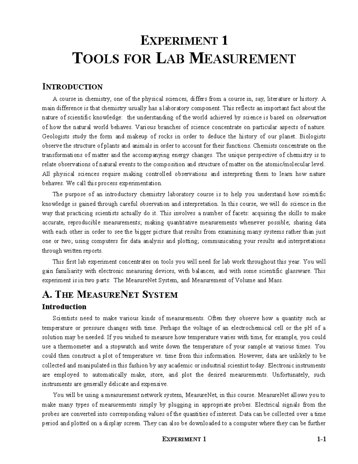 Uof C GL01 Lab - Lab handout - EXPERIMENT 1 TOOLS FOR LAB MEASUREMENT INTRODUCTION A course in ...