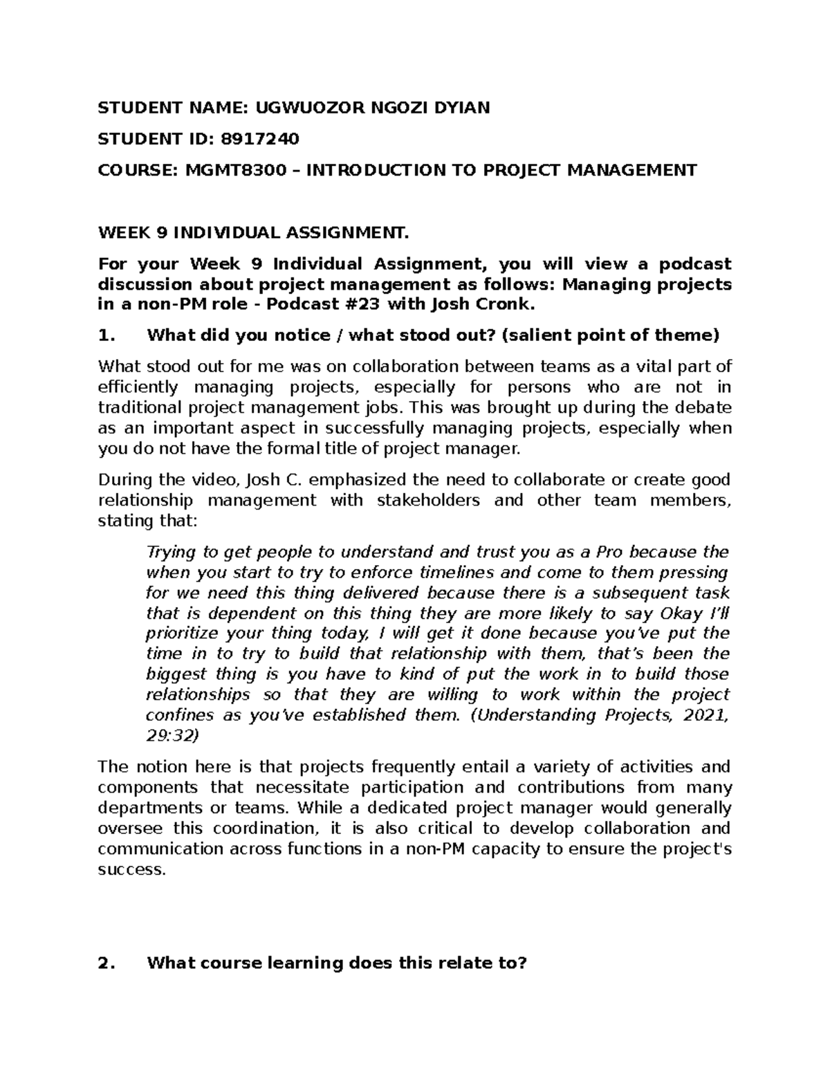 Assignment MGMT8300 - nil - STUDENT NAME: UGWUOZOR NGOZI DYIAN STUDENT ID: 8917240 COURSE ...