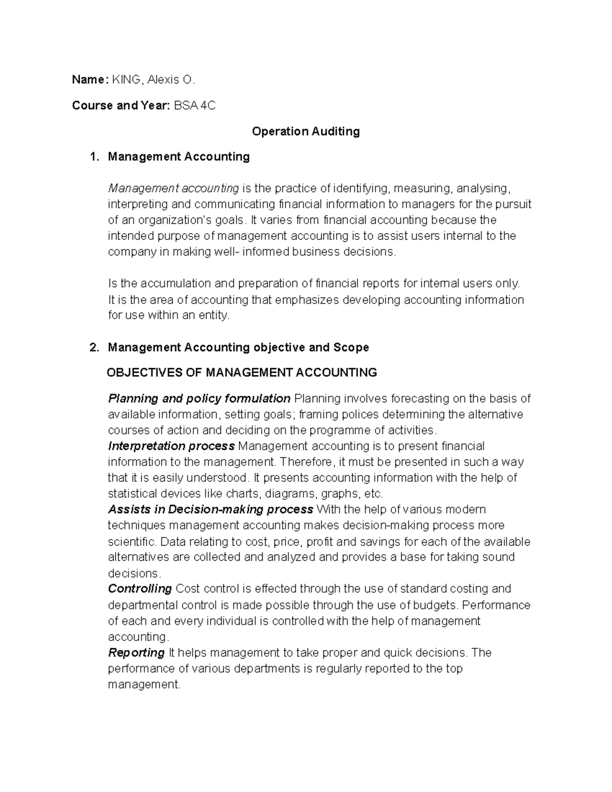 Operations Auditing Act. 1 - KING - Name: KING, Alexis O. Course and ...