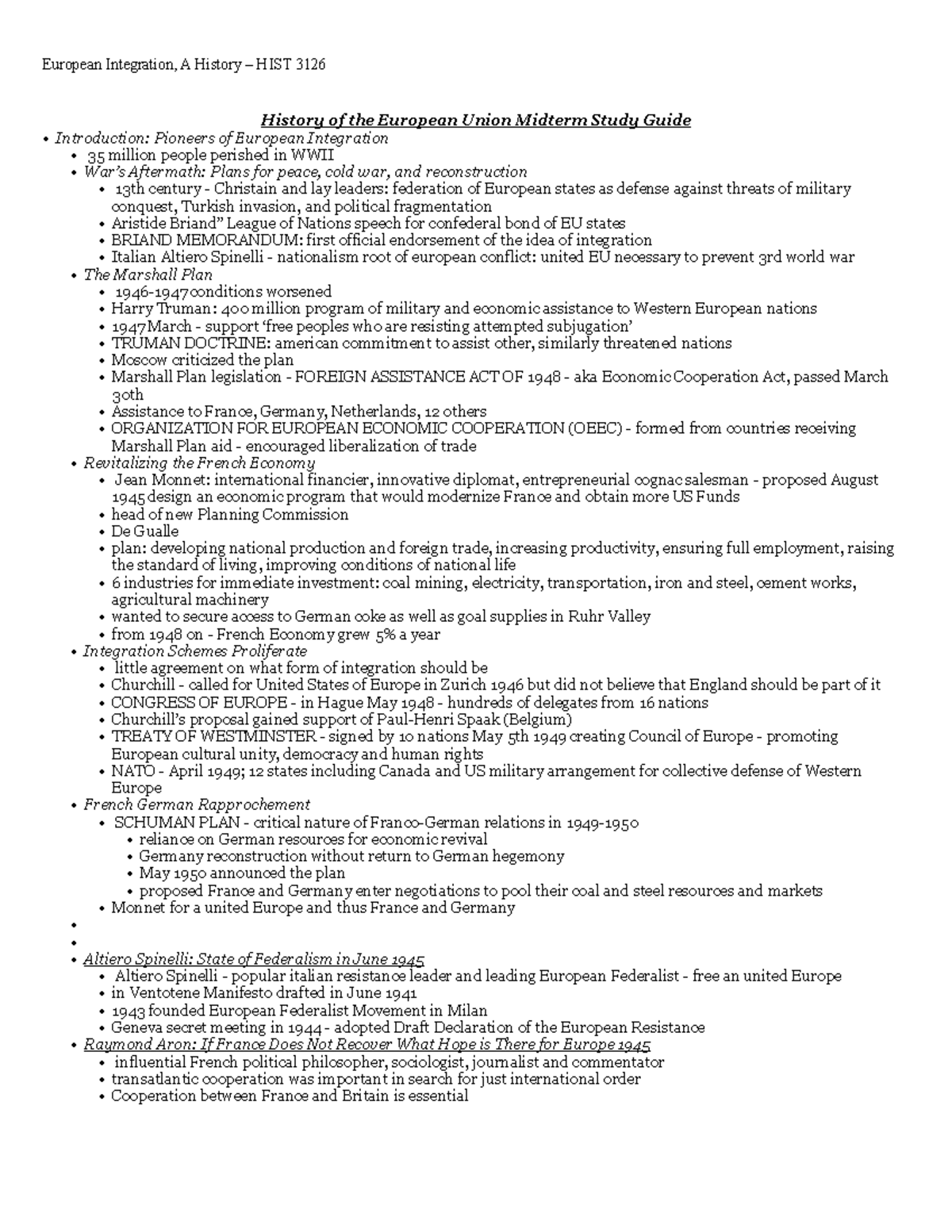 Midterm Study Guide HIST #126 - European Integration, A History – HIST ...