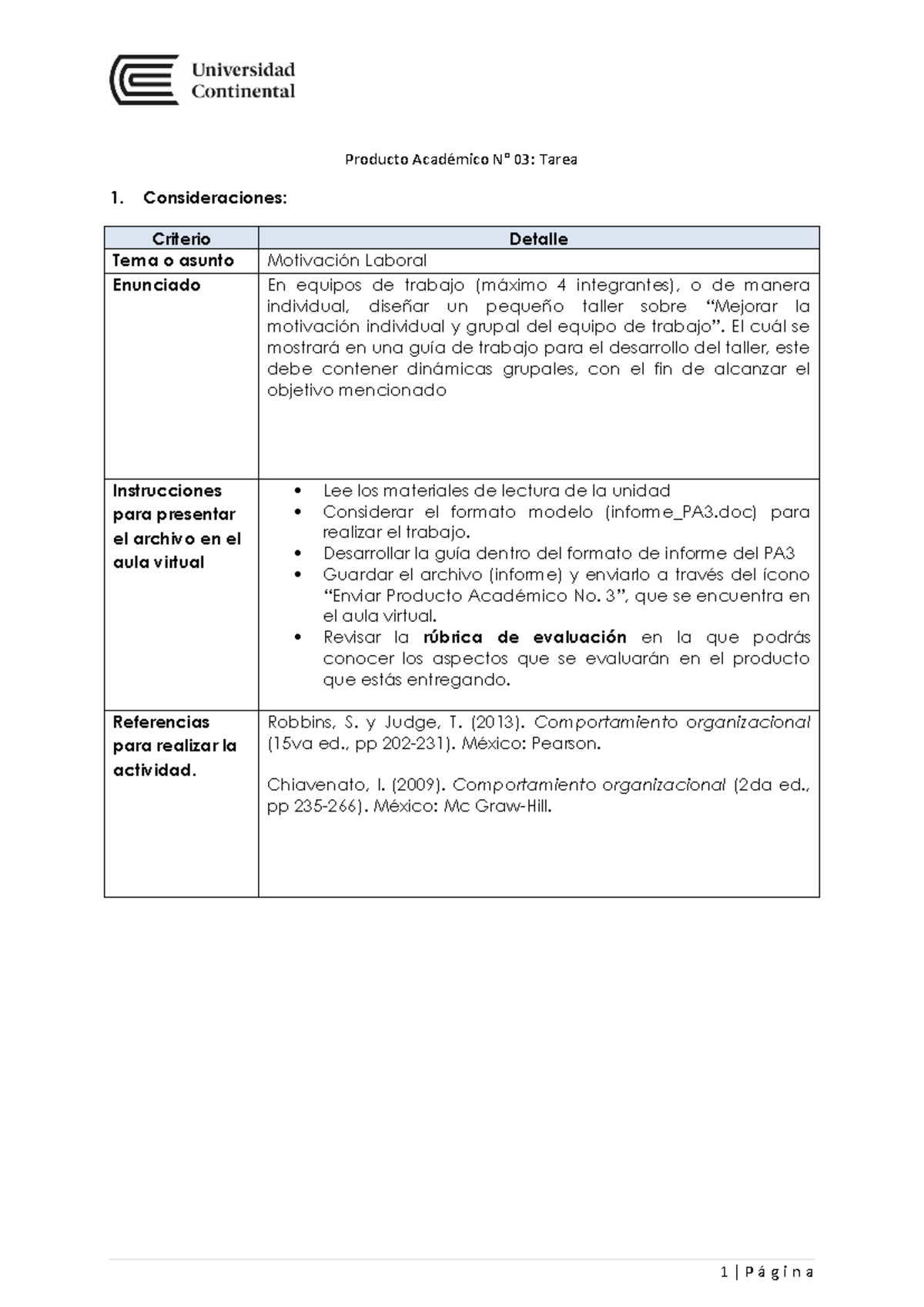 PA3 Tarea Comportamiento Organizacional V2 - Producto Académico N° 03: Tarea Consideraciones ...