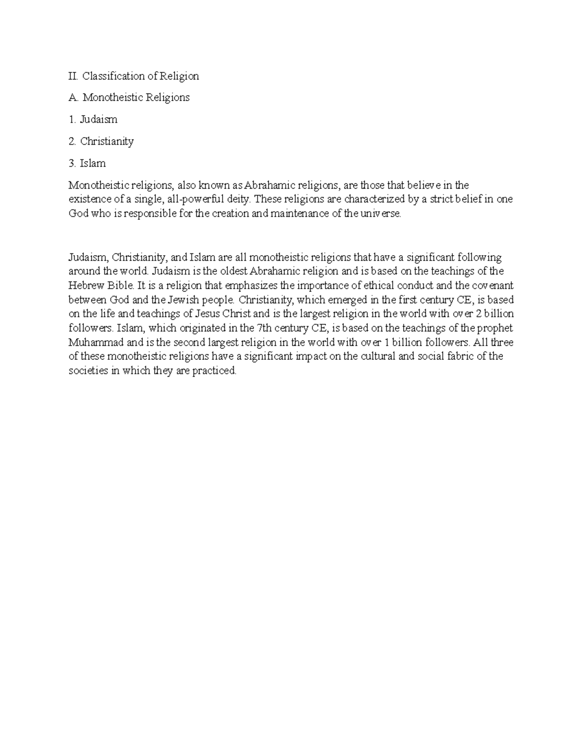 Classifications of religion 2 - II. Classification of Religion A ...