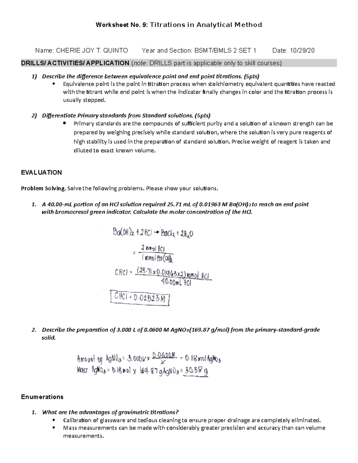 Quinto, Worksheet No.9 Anal Chem (lecture) - Worksheet No. 9 ...