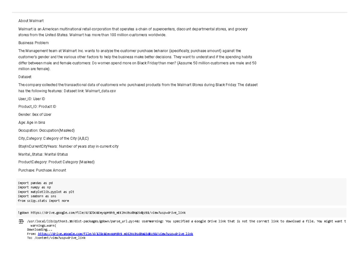 Wallmart case study CT & CLT.ipynb - Colab - About Walmart Walmart is ...