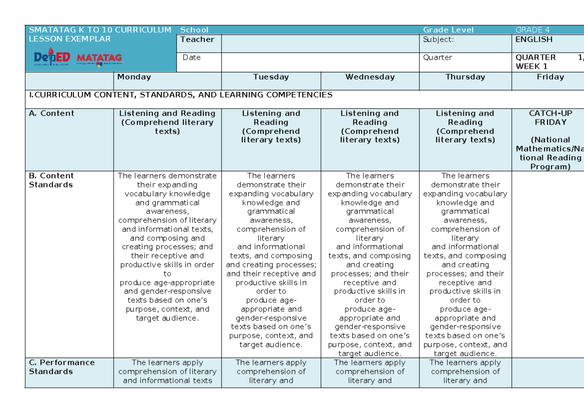 Grade 4-Q1W1( Matatag LE)- English - SMATATAG K TO 10 CURRICULUM LESSON ...