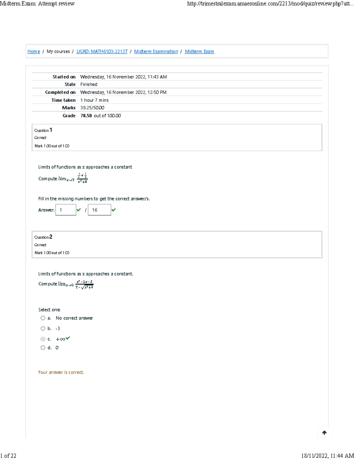 Midterm Exam Attempt review calculus - Home / My courses / UGRD-MATH6103-2213T / Midterm ...