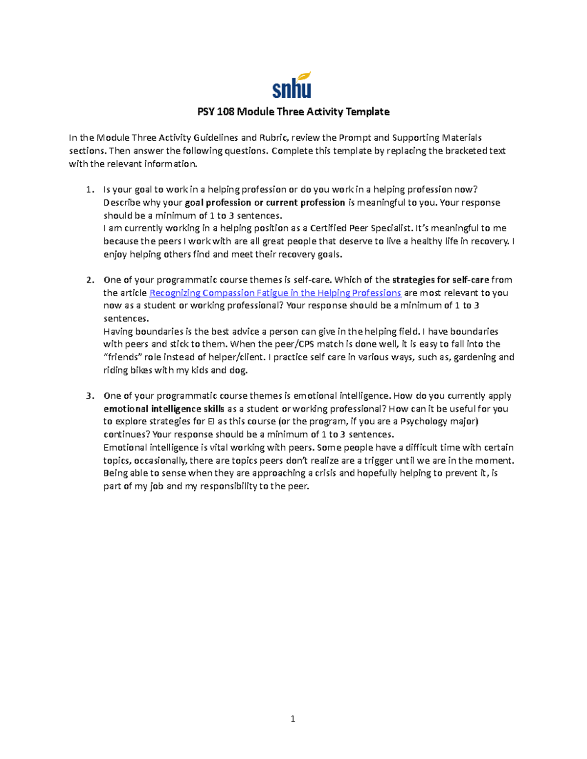 PSY 108 Module 3 Activity - PSY 108 Module Three Activity Template In ...