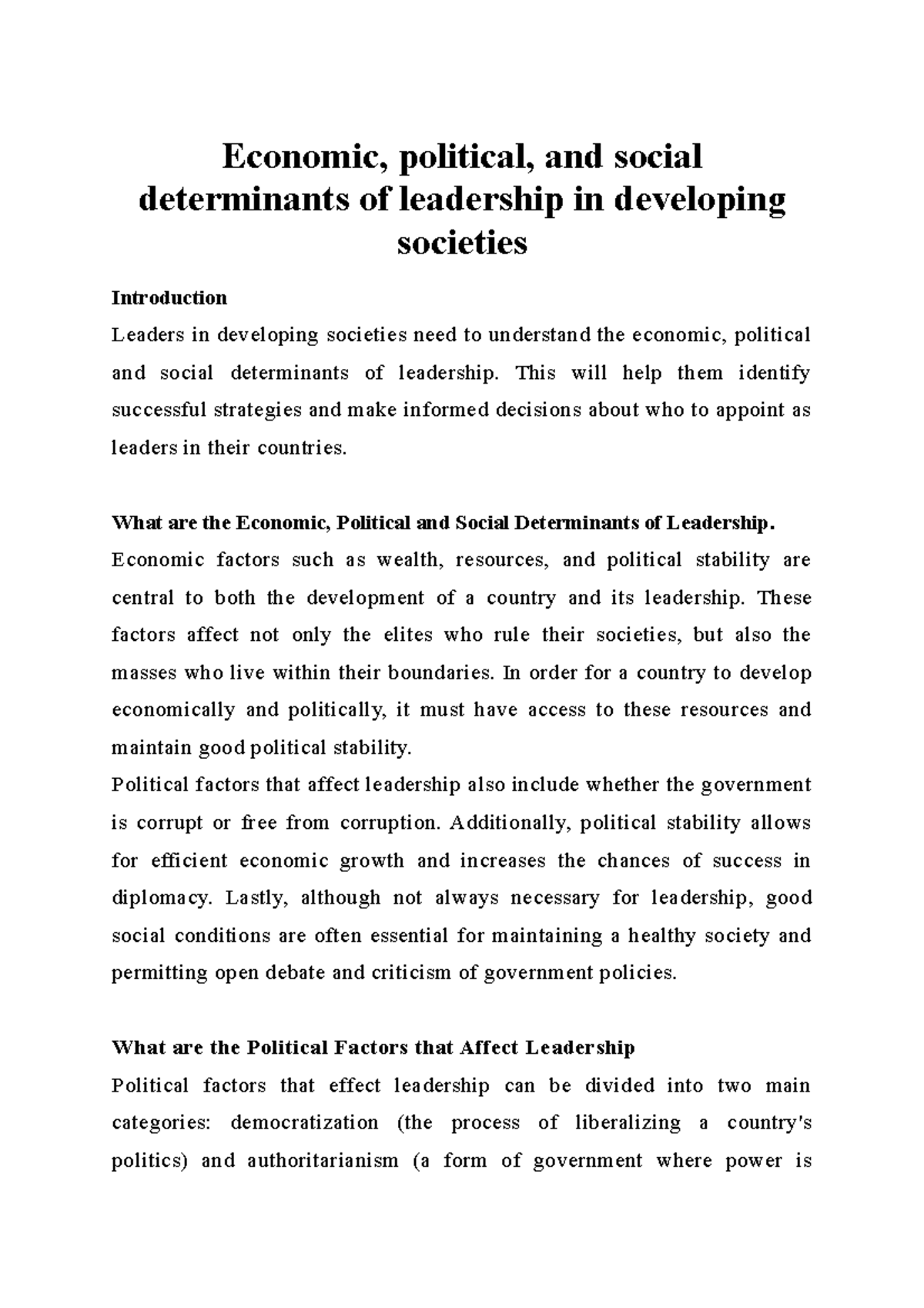 Economic, political, and social determinants of leadership in ...