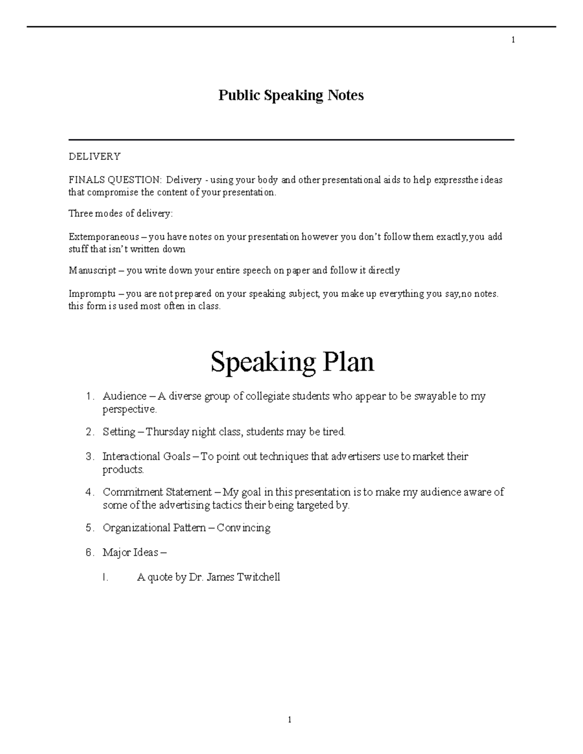 Public Speaking Speaking Plan - 1 1 Public Speaking Notes DELIVERY ...