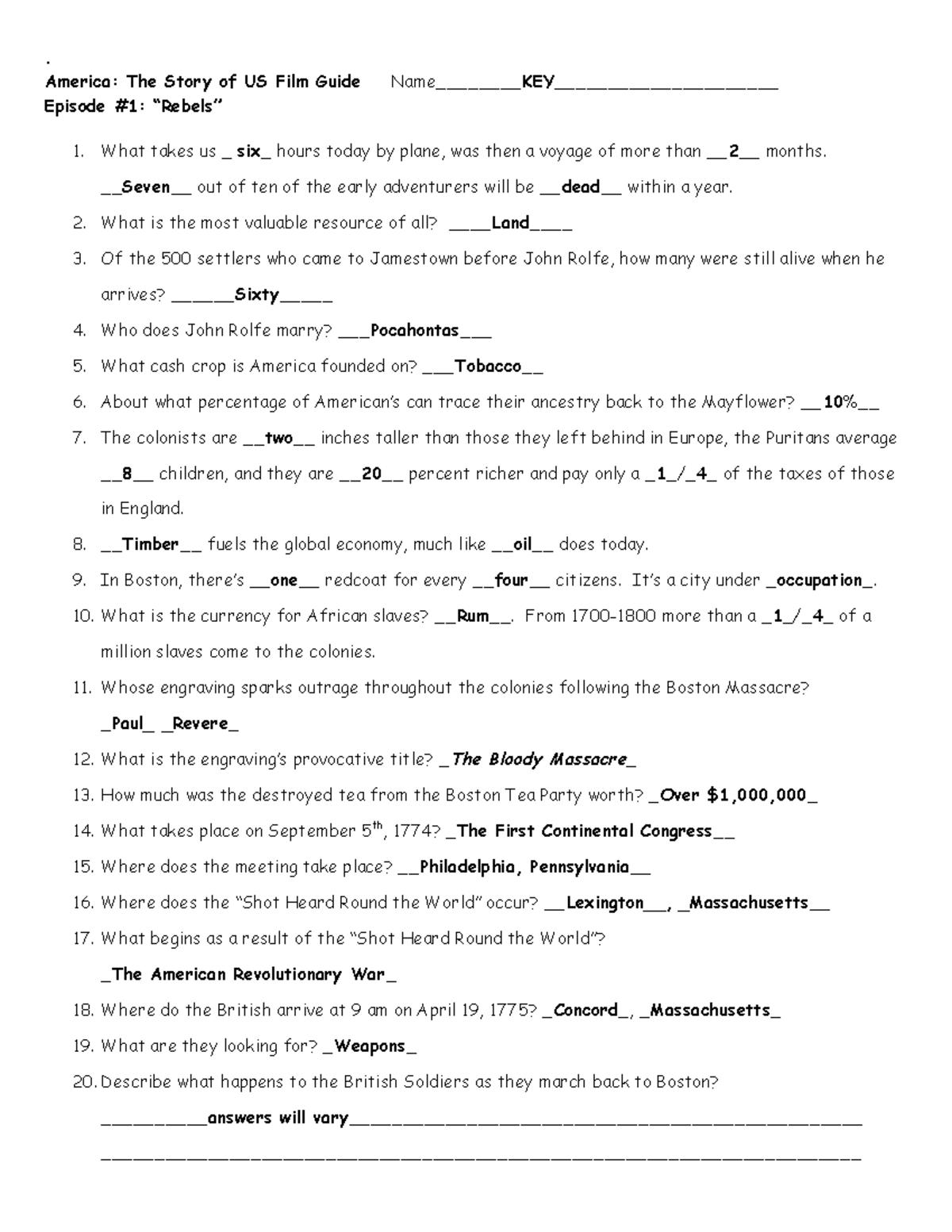 America The Story of US Episode 1 Rebels KEY - . America: The Story of ...