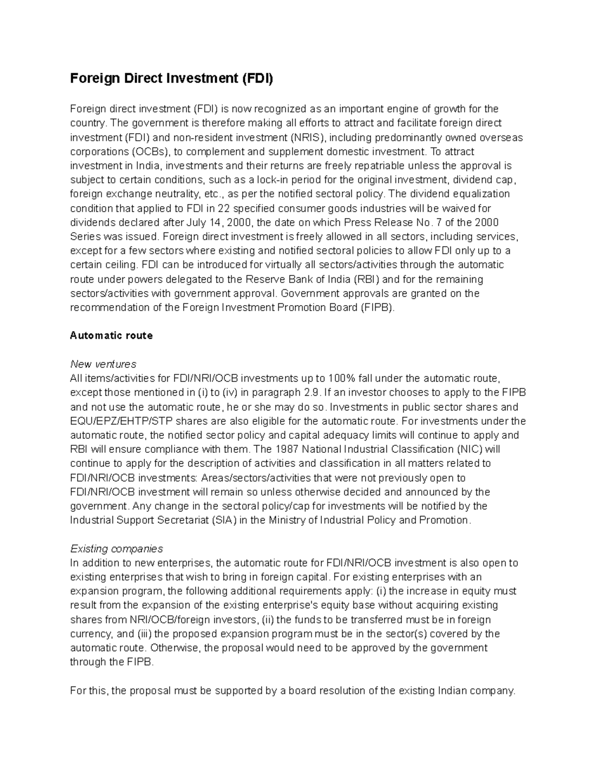 Foreign Direct Investment (FDI) - Foreign Direct Investment (FDI ...
