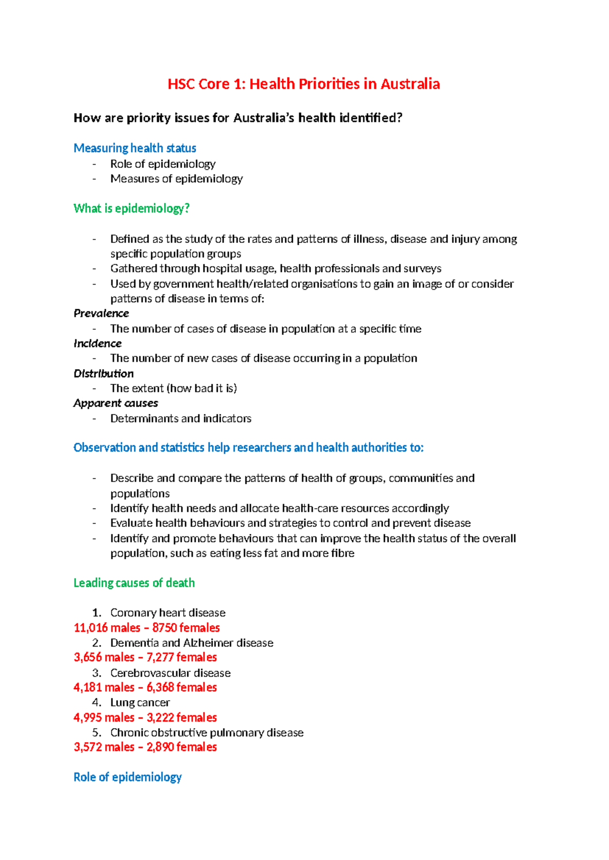 Health priorities in Australia notes 2024 - HSC Core 1: Health ...