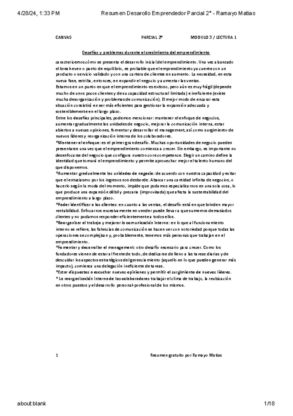 Resumen Desarollo Emprendedor Parcial 2° - Ramayo Matias - CANVAS PARCIAL 2° MODULO 3 / LECTURA ...