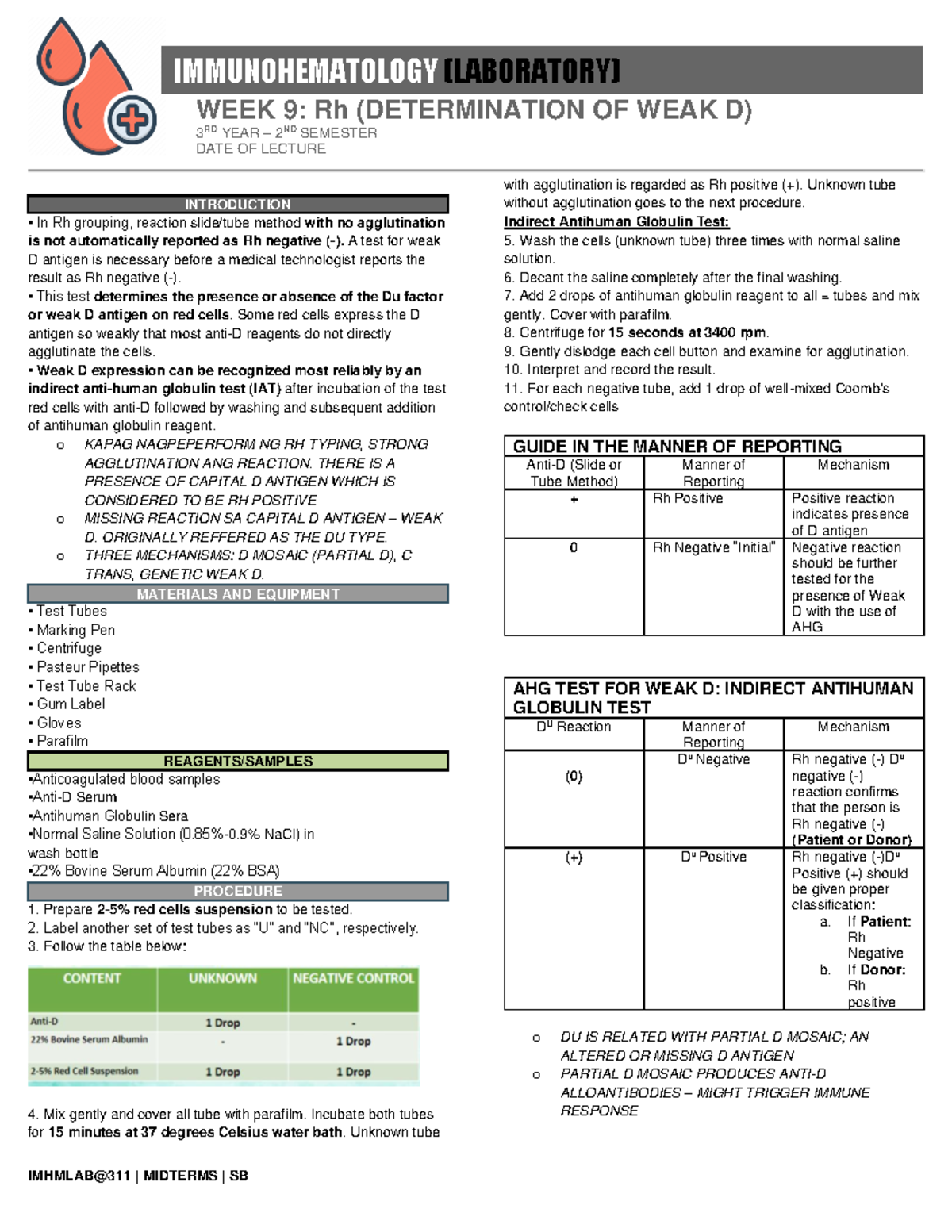 IMHM LAB WEEK 9 WEAK D Determination - IMMUNOHEMATOLOGY (LABORATORY ...