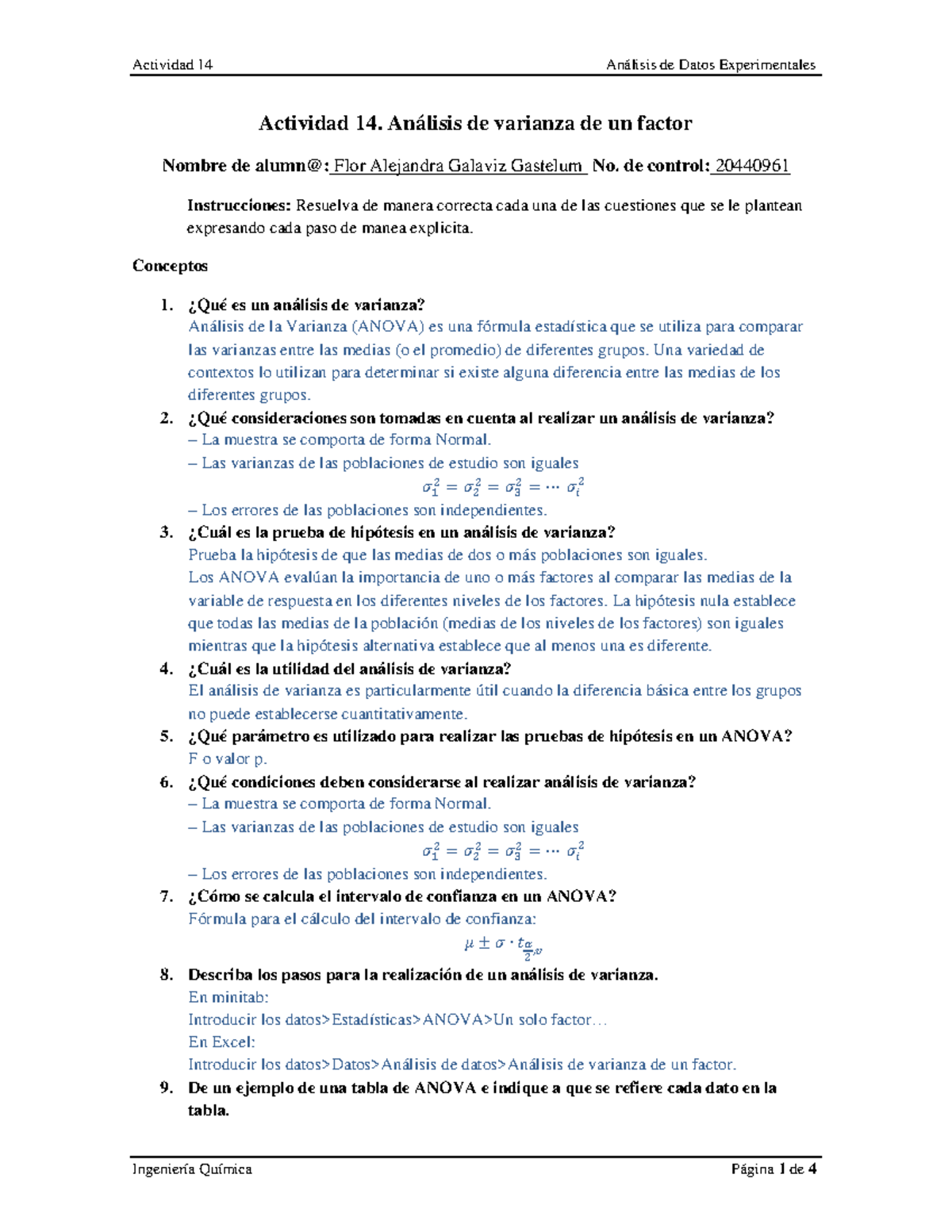 Análisis de varianza de un factor - Actividad 14. Análisis de varianza de un factor Nombre de ...