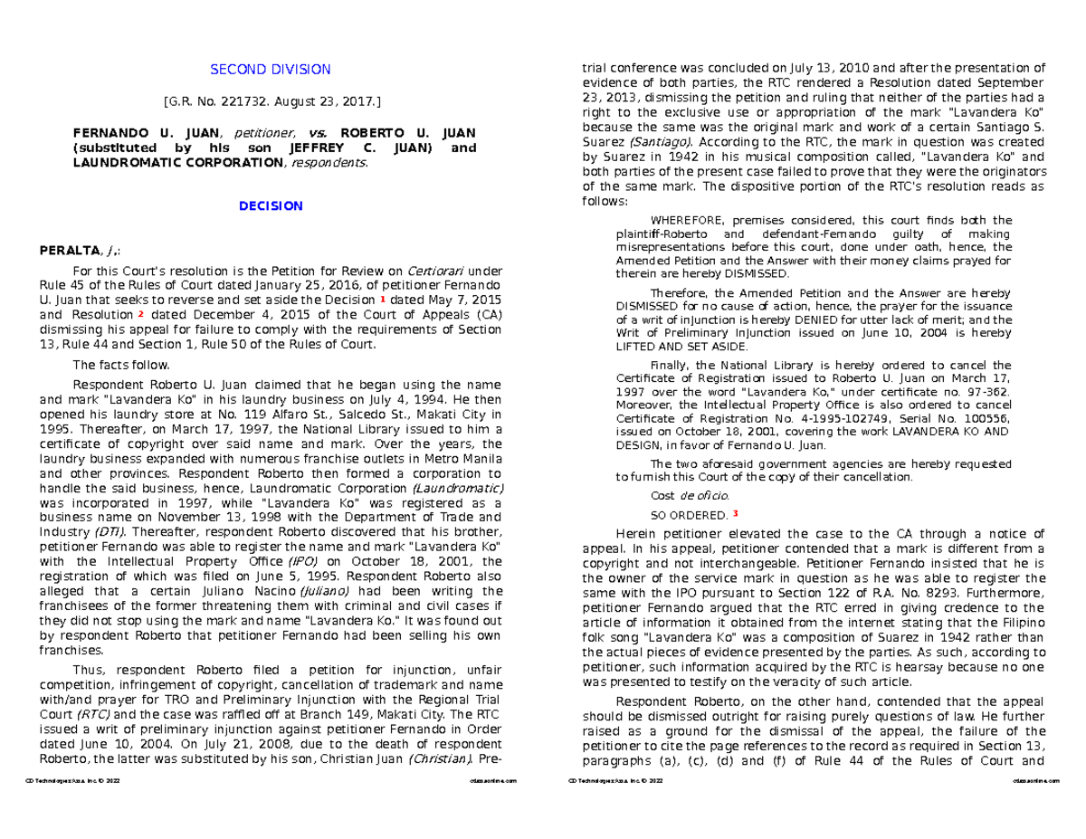 2. G.R. No. 221732 - Juan v. Juan - SECOND DIVISION [G. No. 221732. August 23, 2017.] FERNANDO U ...