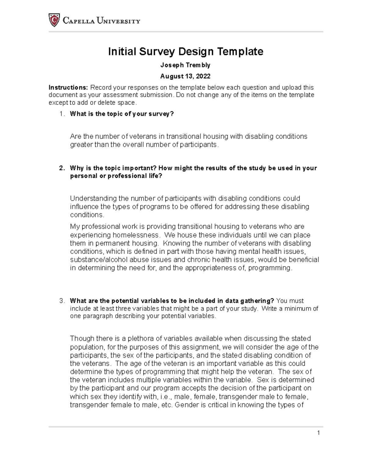 MAT-FPX2001 Trembly Joseph Assessment 1-1 - Initial Survey Design ...