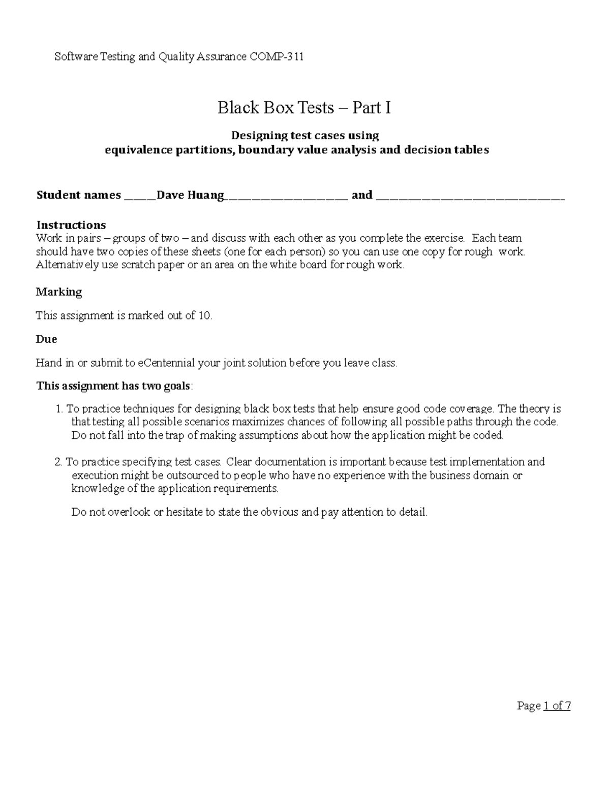 A7-Black Box Tests Part I - Software Testing and Quality Assurance COMP ...