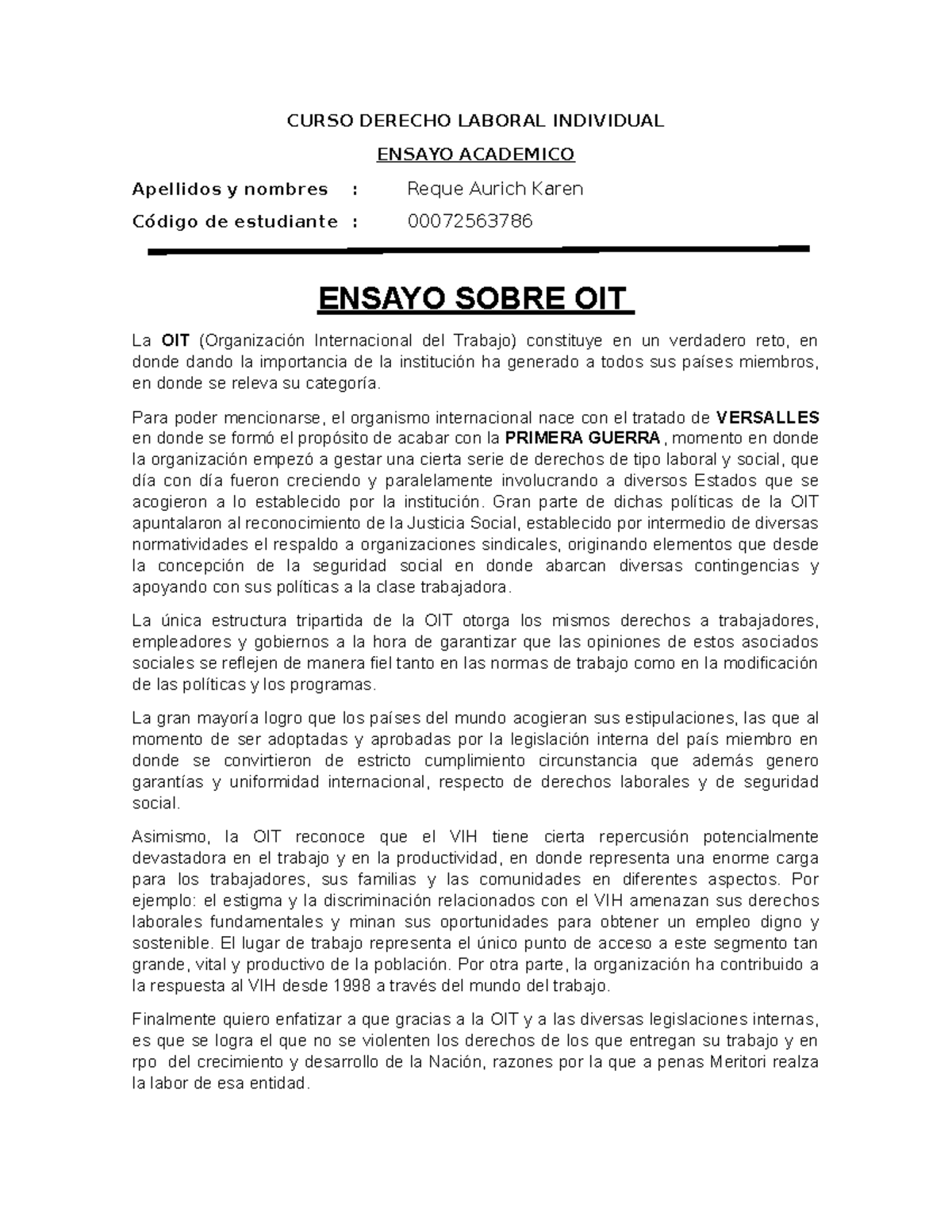 Ensayo Académico - Organización Internacional del Trabajo (OIT) - CURSO ...