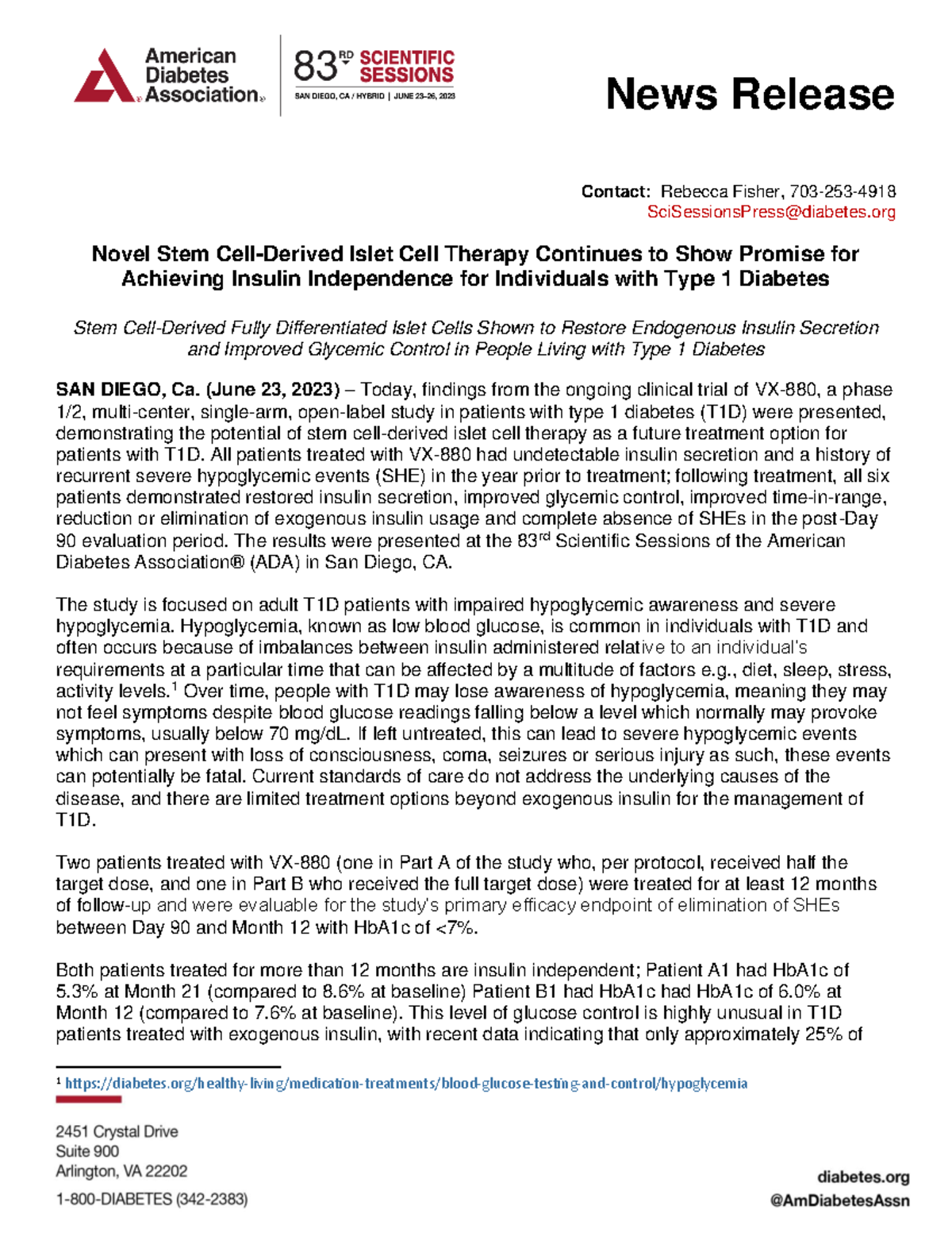 ADA SCI Sessions 2023 News Release VX-880 - News Release Contact ...