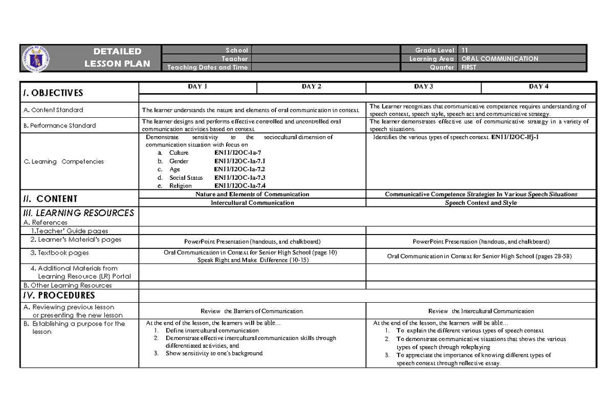 Oral com daily lesson plan - School Grade Level 11 Teacher Learning ...