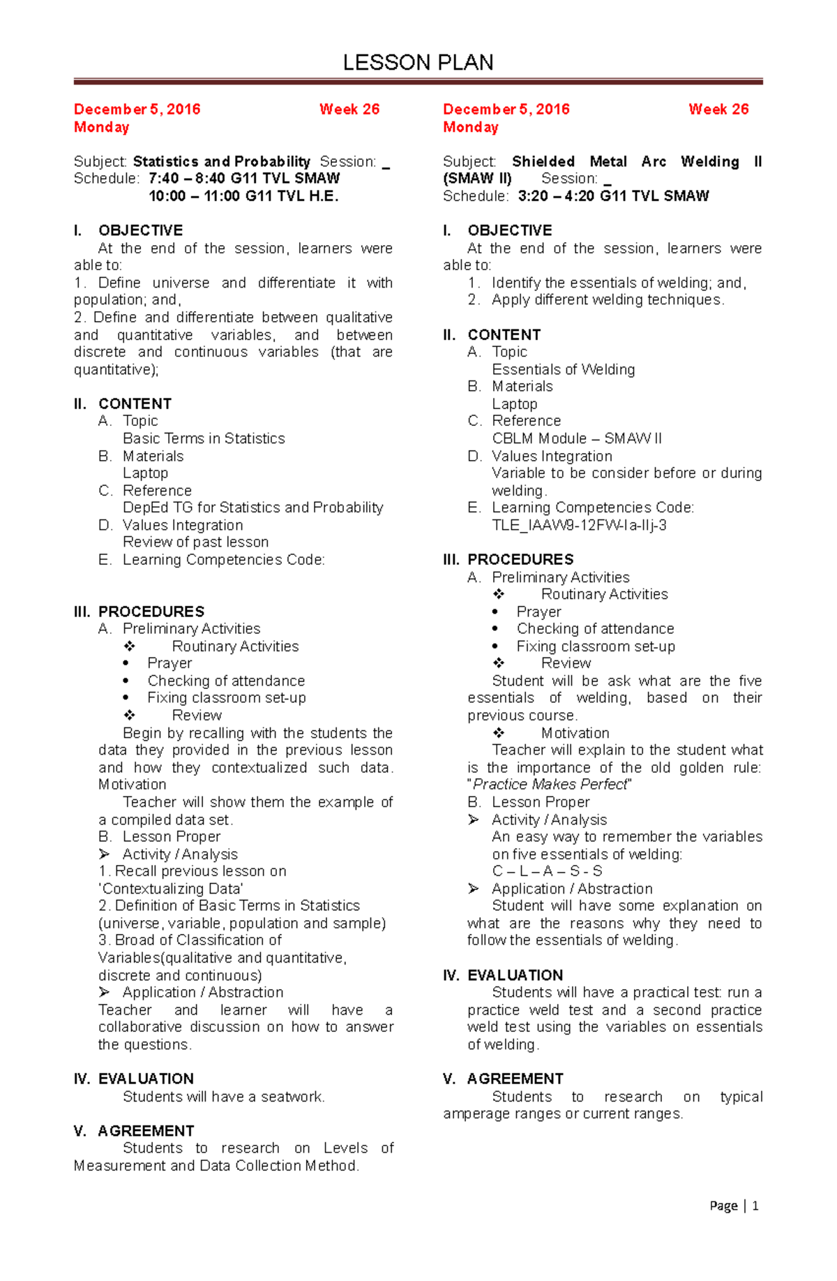 Lesson Plan - December 5-9, 2016 print - LESSON PLAN December 5, 2016 ...