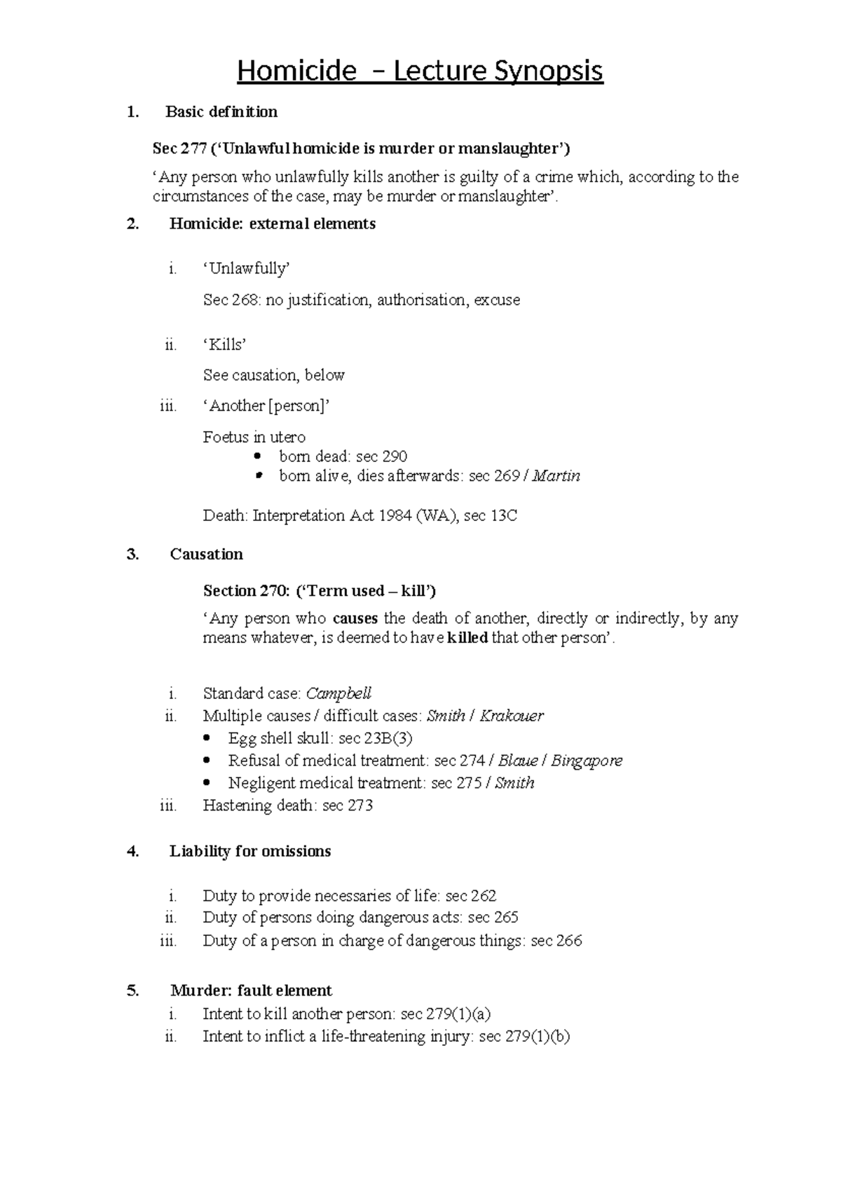 Homicide - Revision Guide - Homicide – Lecture Synopsis Basic ...