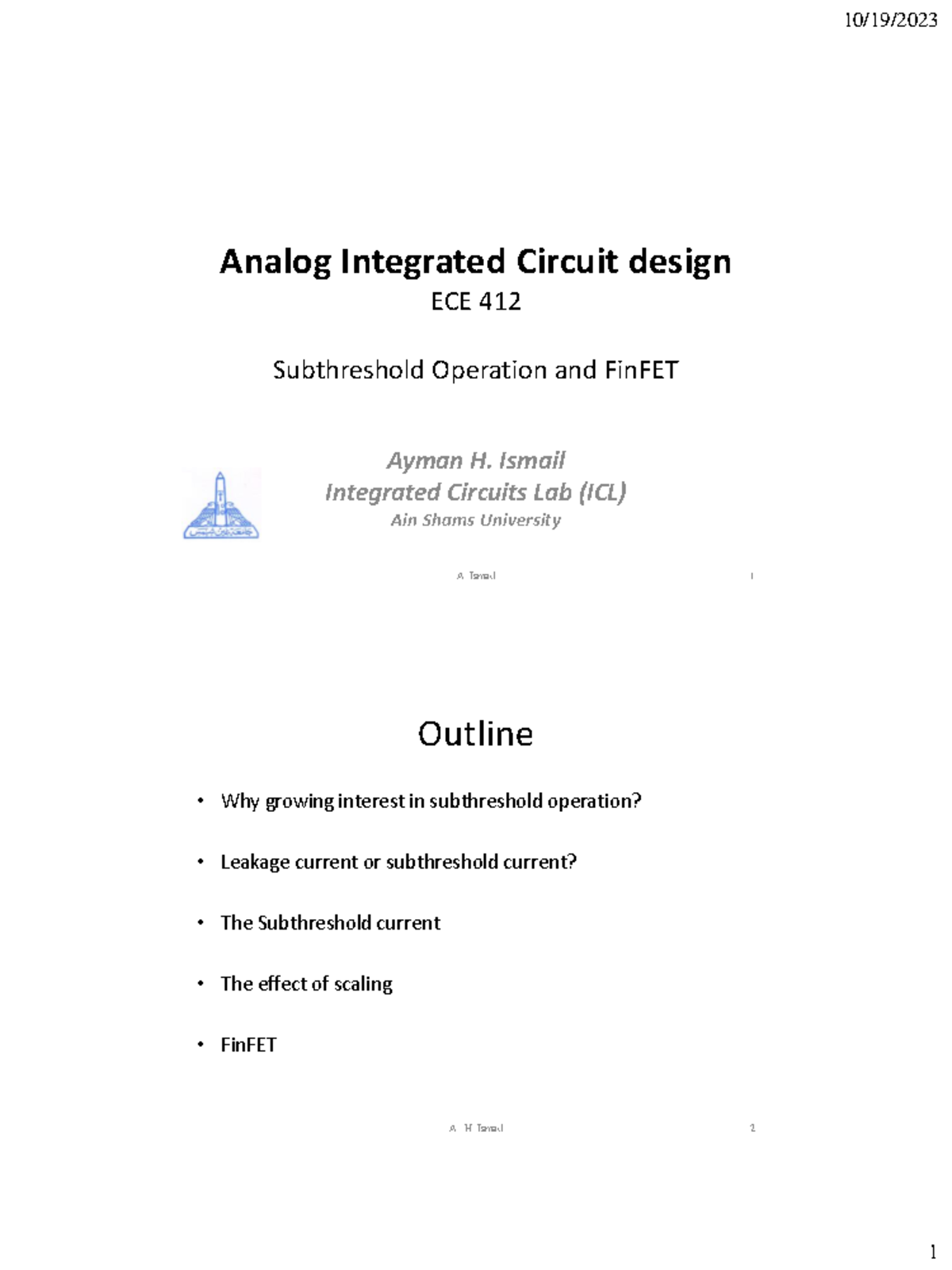 Lec (2) subthreshold operation and Fin FET - Analog Integrated Circuit design ECE 412 ...