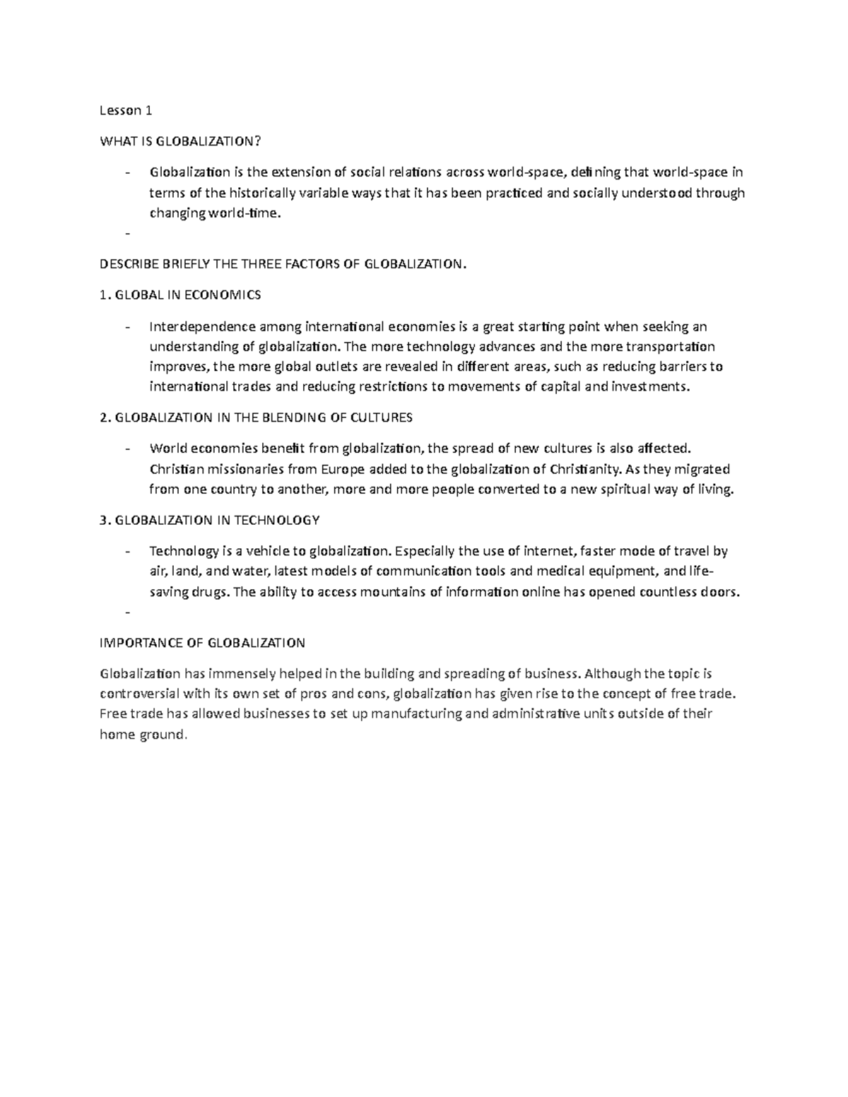 GEN 005 - Lesson 1 - Lesson 1 WHAT IS GLOBALIZATION? Globalization is ...