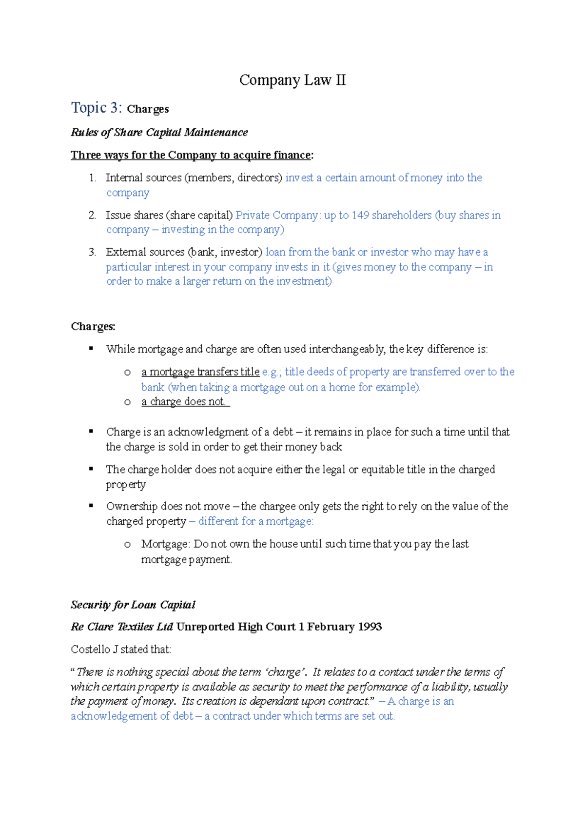 Company Law II Topic 3 - Lecture notes from 2nd year BCL student ...