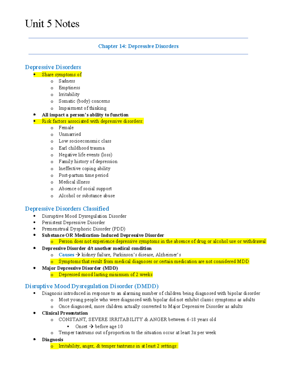 Exam 2 Notes - Unit 5 Notes Chapter 14: Depressive Disorders Depressive ...