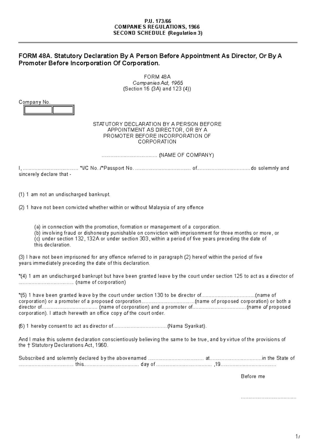 FORM 48A. Statutory Declaration By A Person Before Appointment As ...