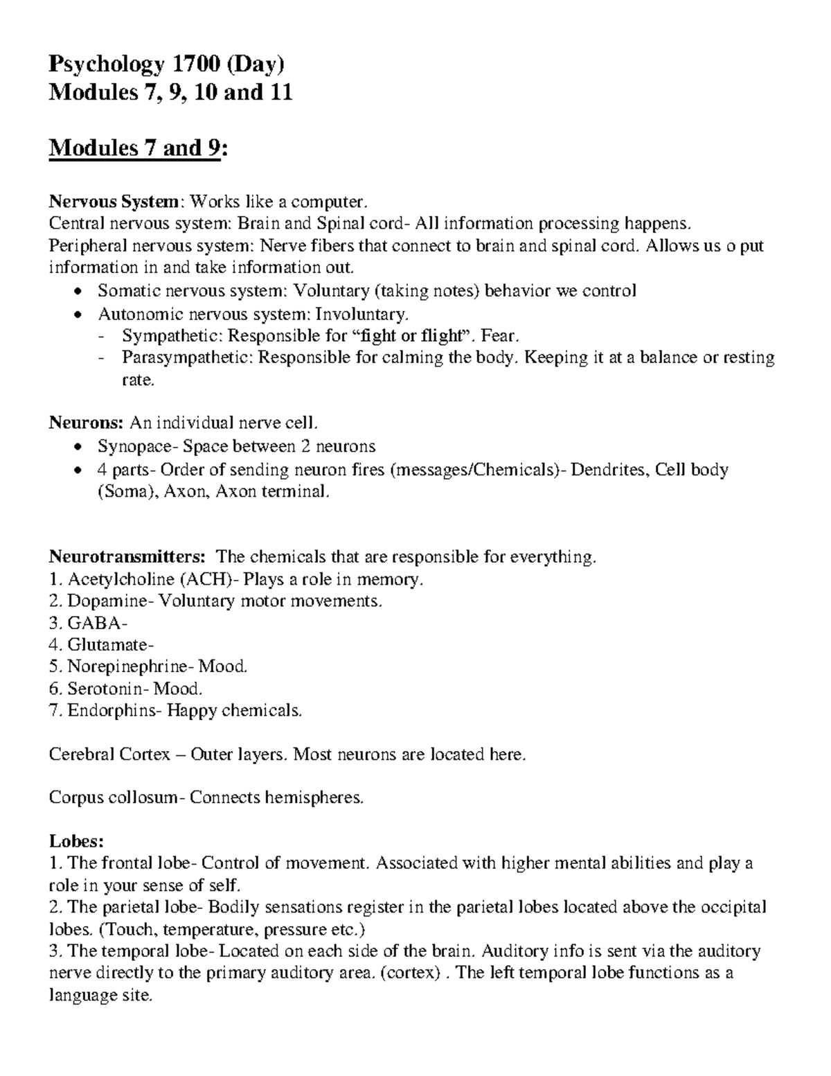 Psych modules 7,9-11 - Psychology 1700 (Day) Modules 7, 9, 10 and 11 ...