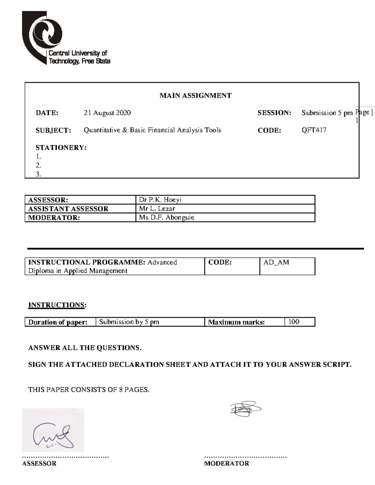 Question Paper Main Assessment ...