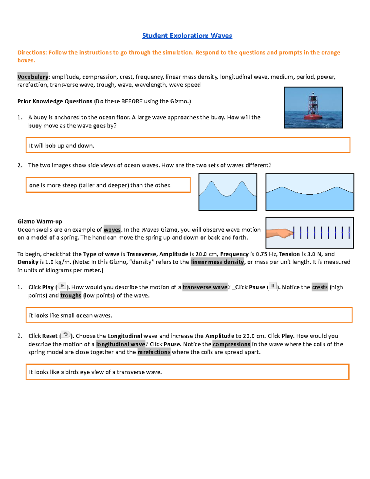 WSLB #1 Gizmo Waves - Student Exploration: Waves Directions: Follow the ...