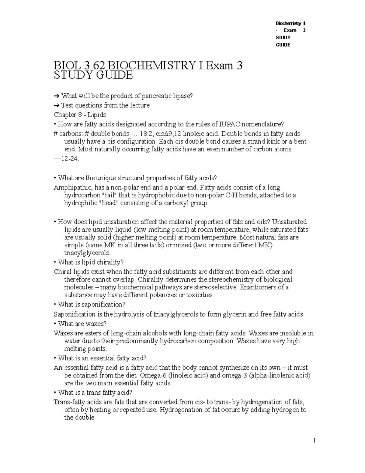 Study Guide test 3 spring 2022 - **Biochemistry II Exam 3 STUDY GUIDE ...