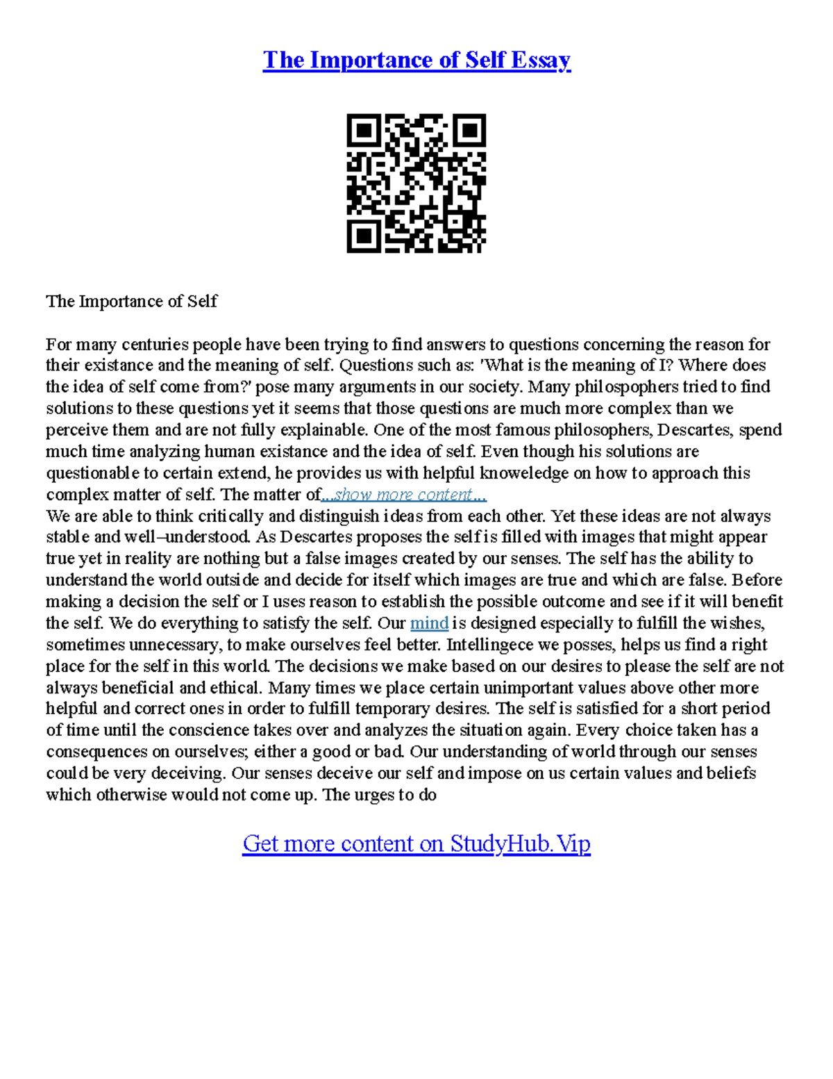Essay On Yourself - The Importance of Self Essay The Importance of Self ...