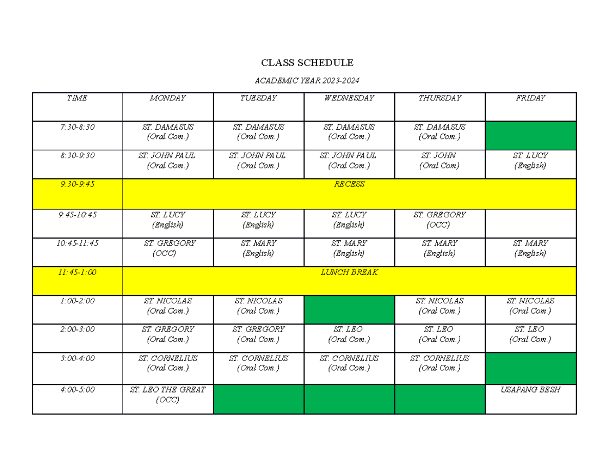 E- Sched - none - CLASS SCHEDULE ACADEMIC YEAR 2023- TIME MONDAY ...