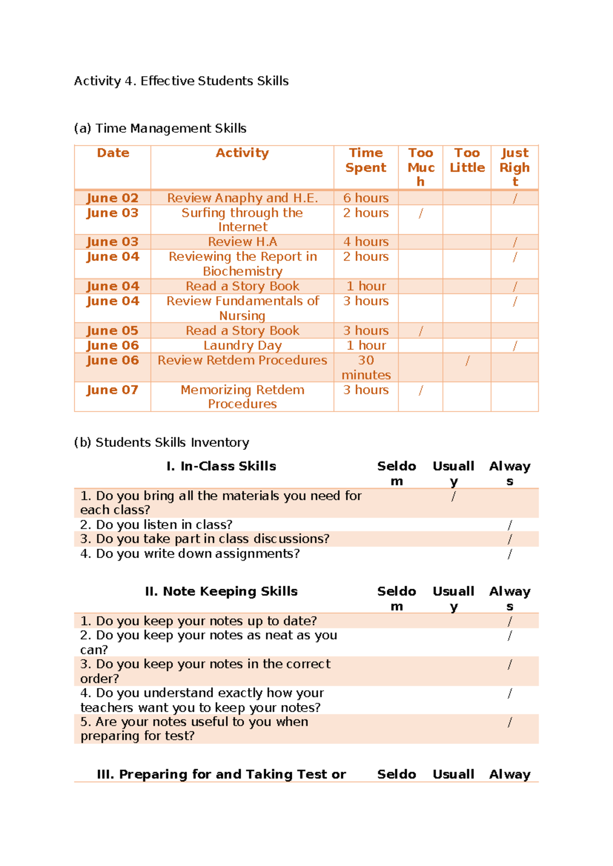 Activity 4 clear - n/a - Activity 4. Effective Students Skills (a) Time ...