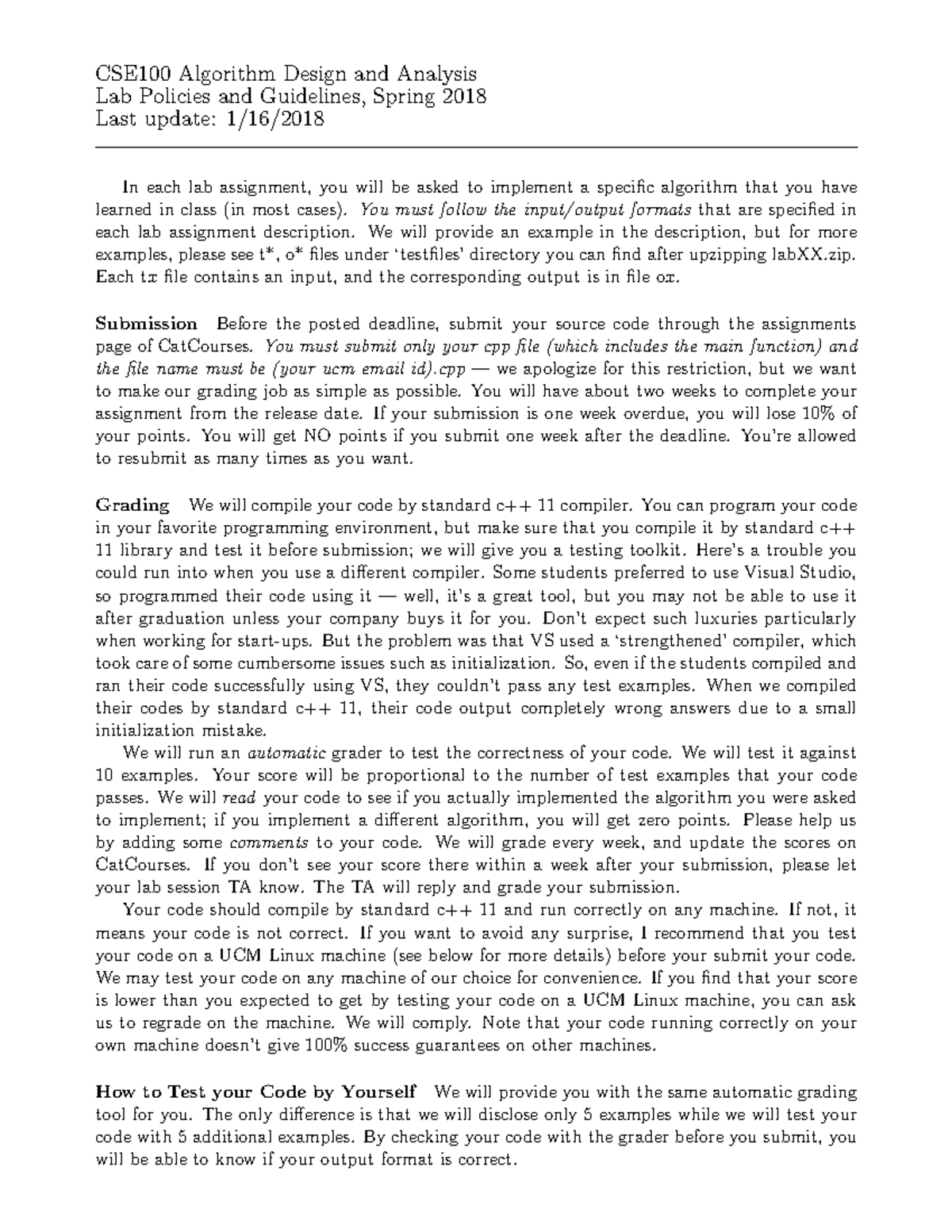 Lab Guidelines Cse100 Algorithm Design And Analysis Lab Policies And Guidelines Spring 2018