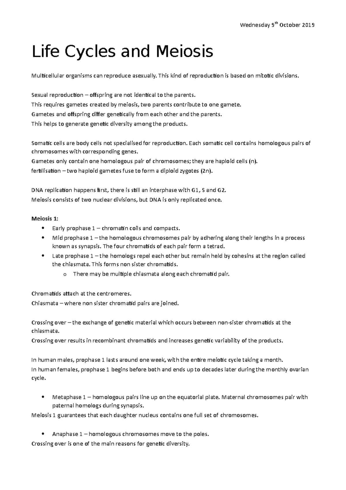Week 3 - Meiosis - Lecture notes 3 and 4 - Wednesday 9th October 2019 ...