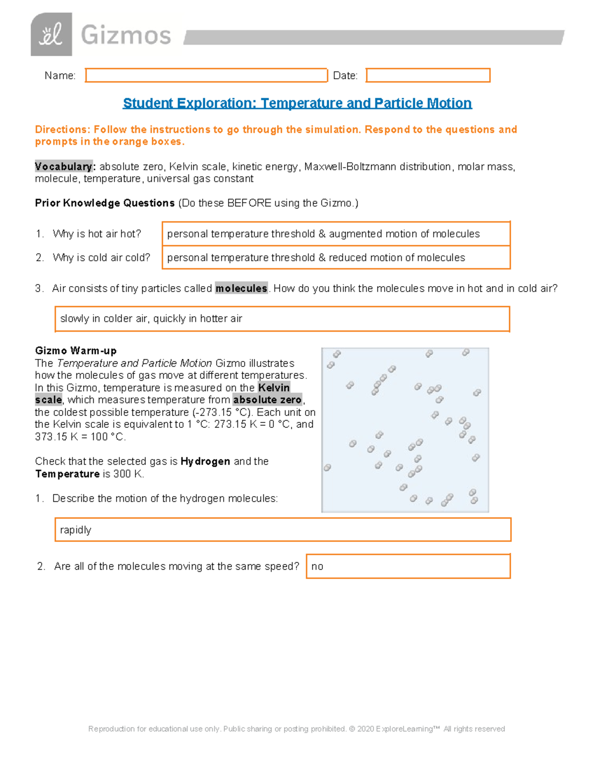 Temperature and Particle Motion - Name: Date: Student Exploration ...