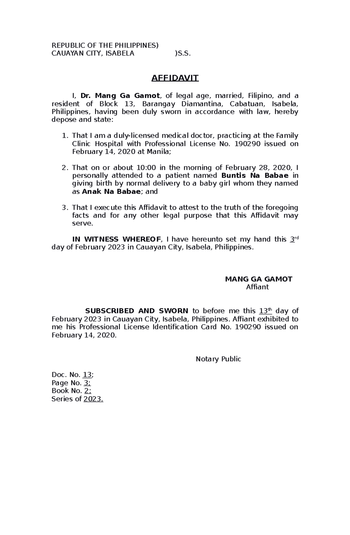 Affidavit OF Doctor TO Establish THE Birth OF A Person FOR LATE ...