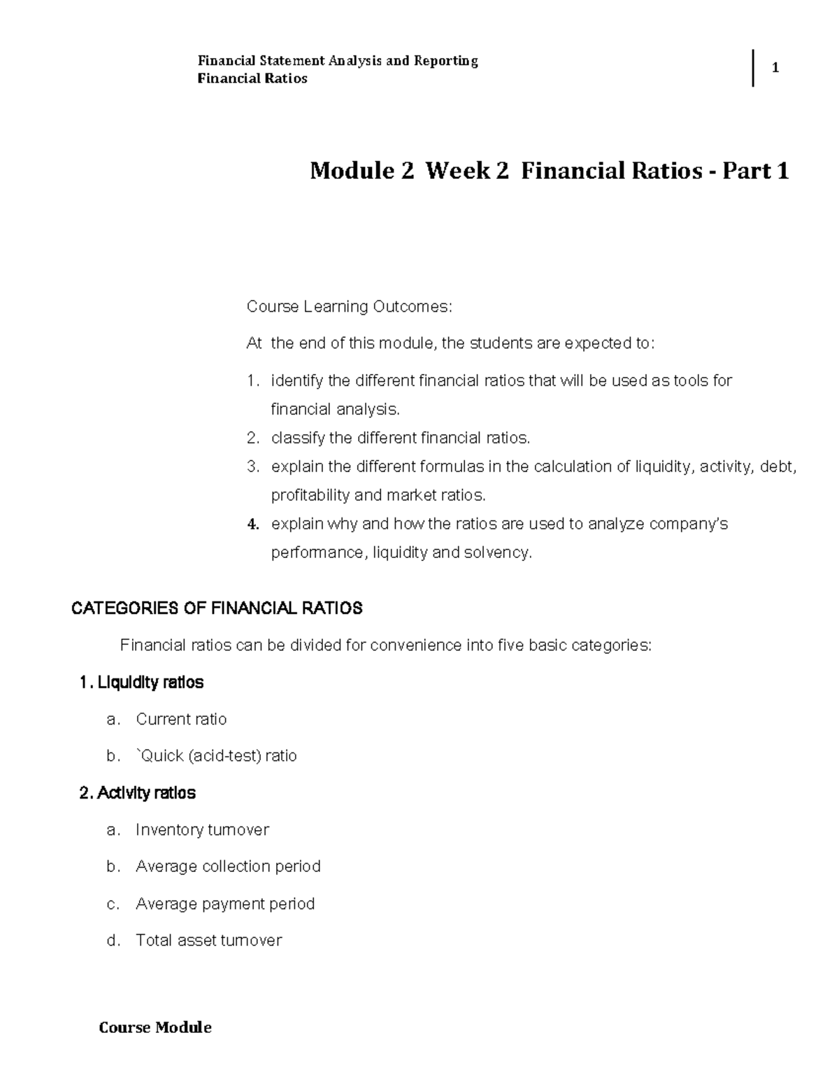 Module 2 Financial Ratios Part 1 - Financial Statement Analysis and ...