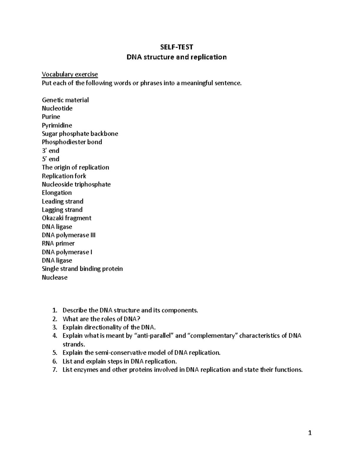 DNA replication - ..... - 1 SELF-TEST DNA structure and replication ...